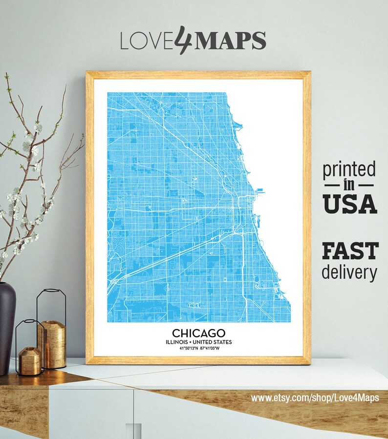 Chicago Illinois Map Custom Color Map City Print Chicago - Etsy