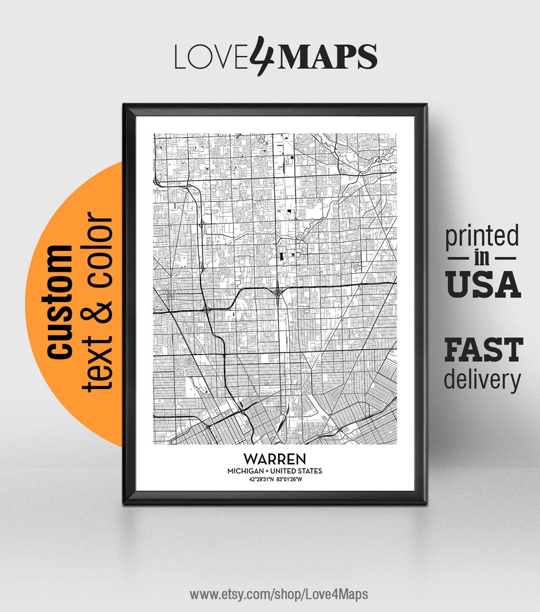 Warren Michigan Map, Warren City Print, Warren Poster, Personalized ...