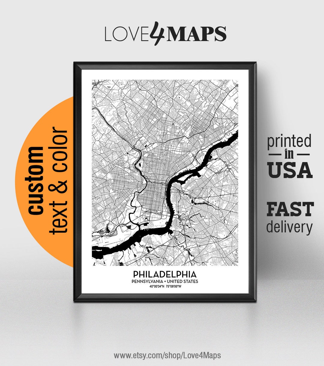 Philadelphia Pennsylvania Map, Philadelphia City Print, Philadelphia ...