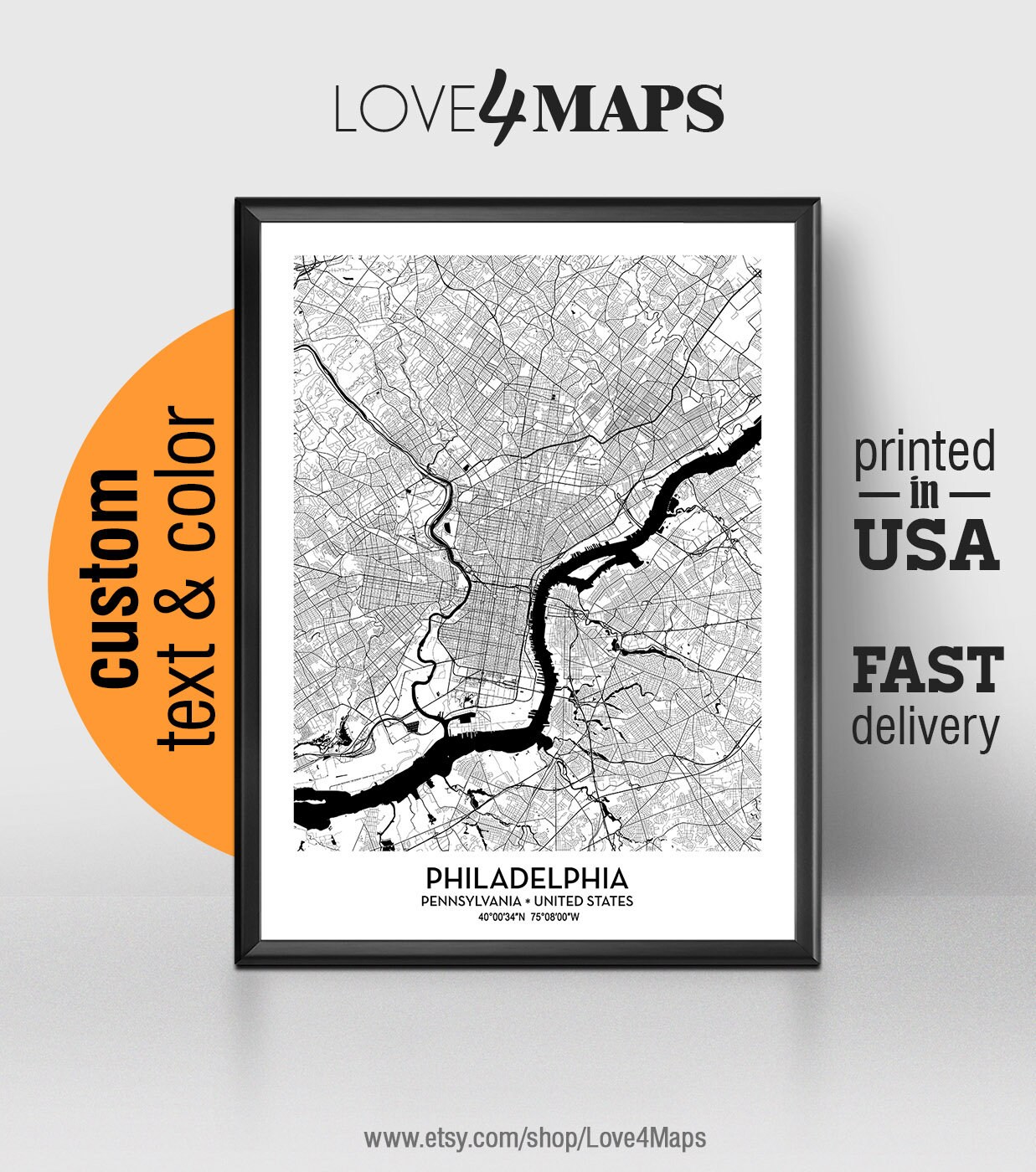 Philadelphia Pennsylvania Map Philadelphia City Print - Etsy