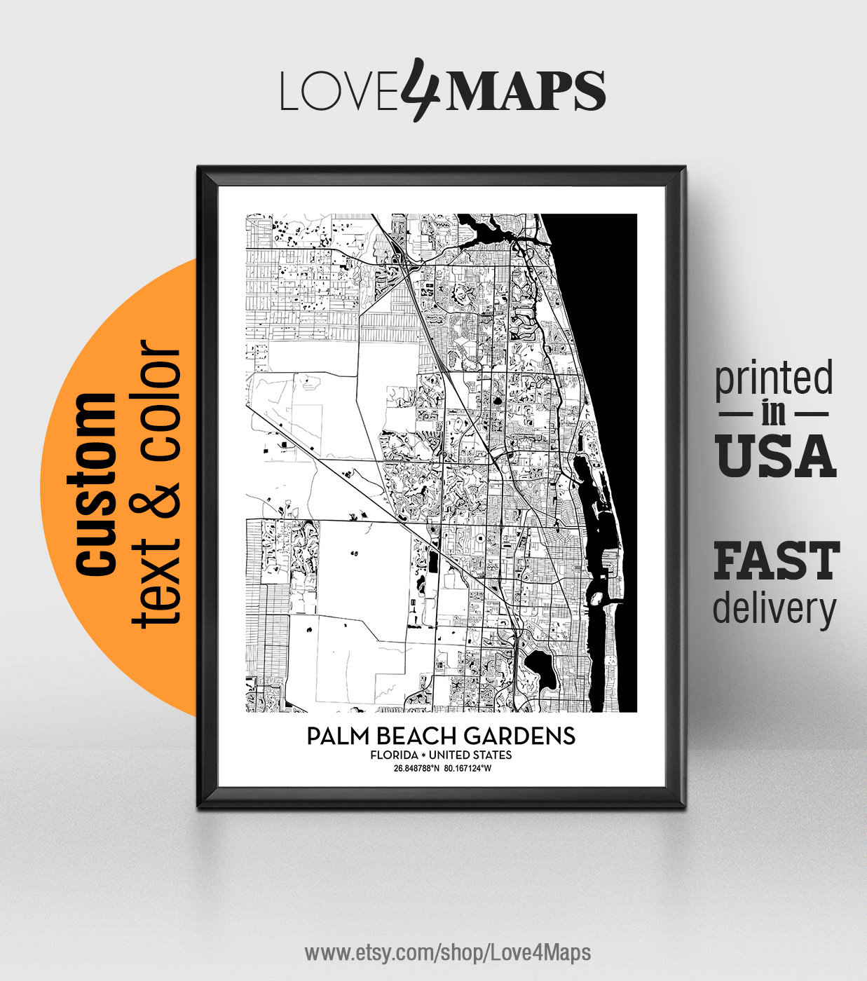 Palm Beach Gardens Florida Map Palm Beach Gardens City Print | Etsy