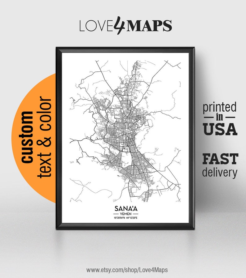 Sanaa Yemen Map Sanaa Map Print Sanaa Map Poster Sanaa Wall - Etsy
