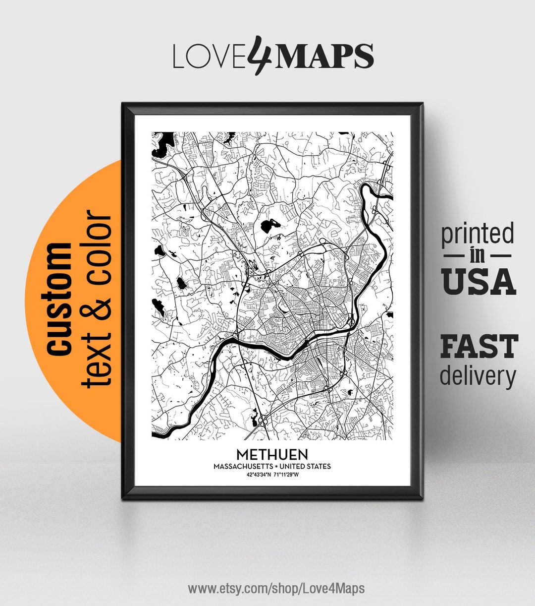 Methuen Massachusetts Map, Methuen City Print, Methuen Poster ...