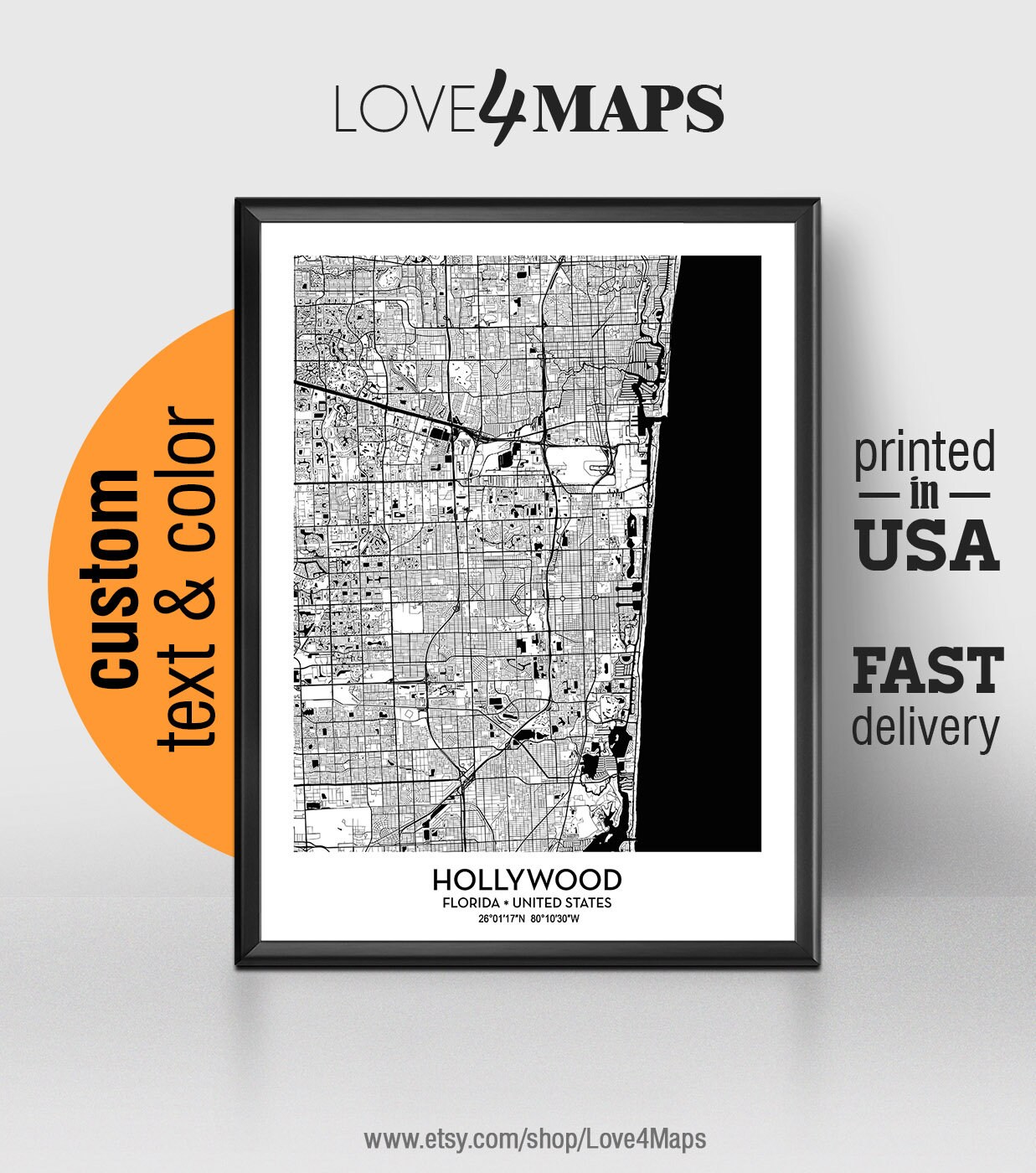 Hollywood Florida Map Hollywood City Print Hollywood Poster | Etsy