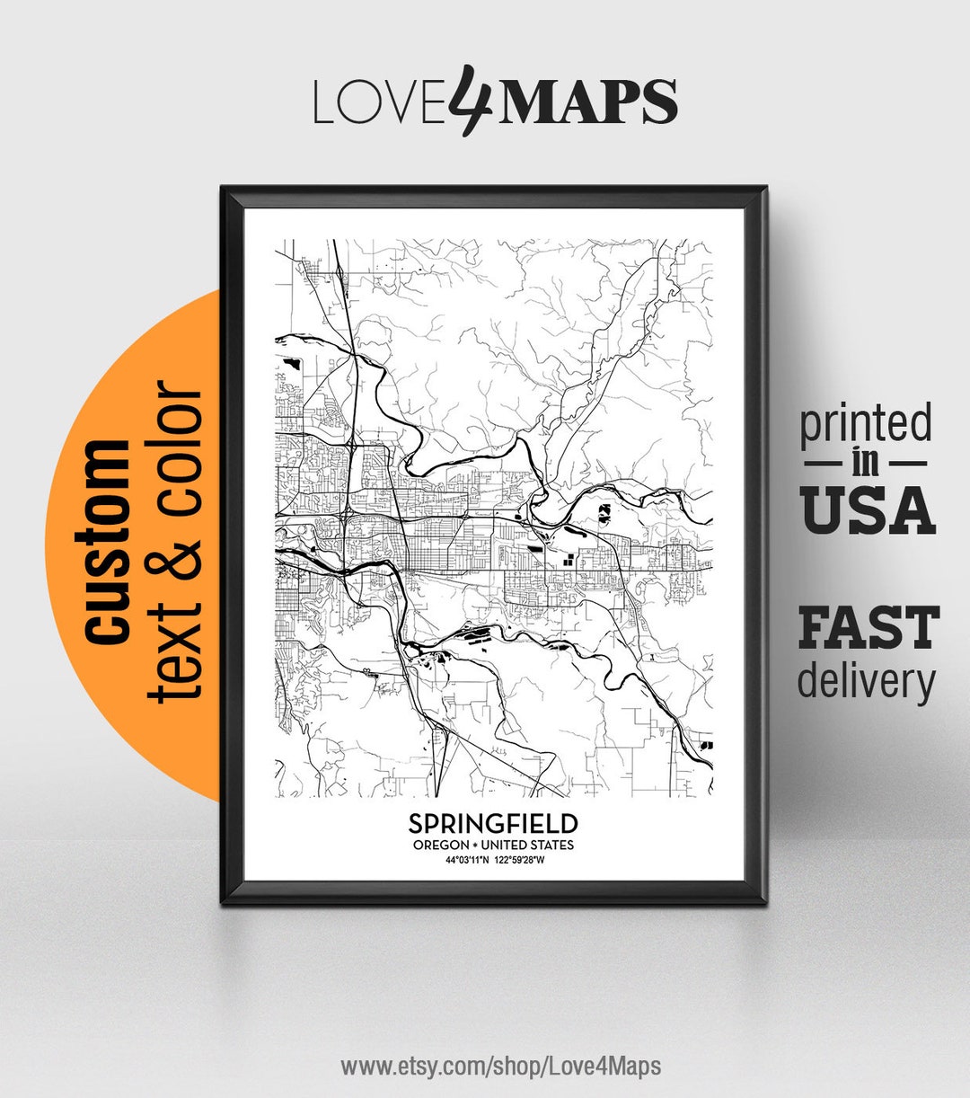 Springfield Oregon Map, Springfield City Print, Springfield Poster ...