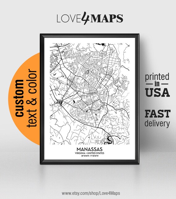 Manassas Virginia Map Manassas City Print Manassas Poster Etsy