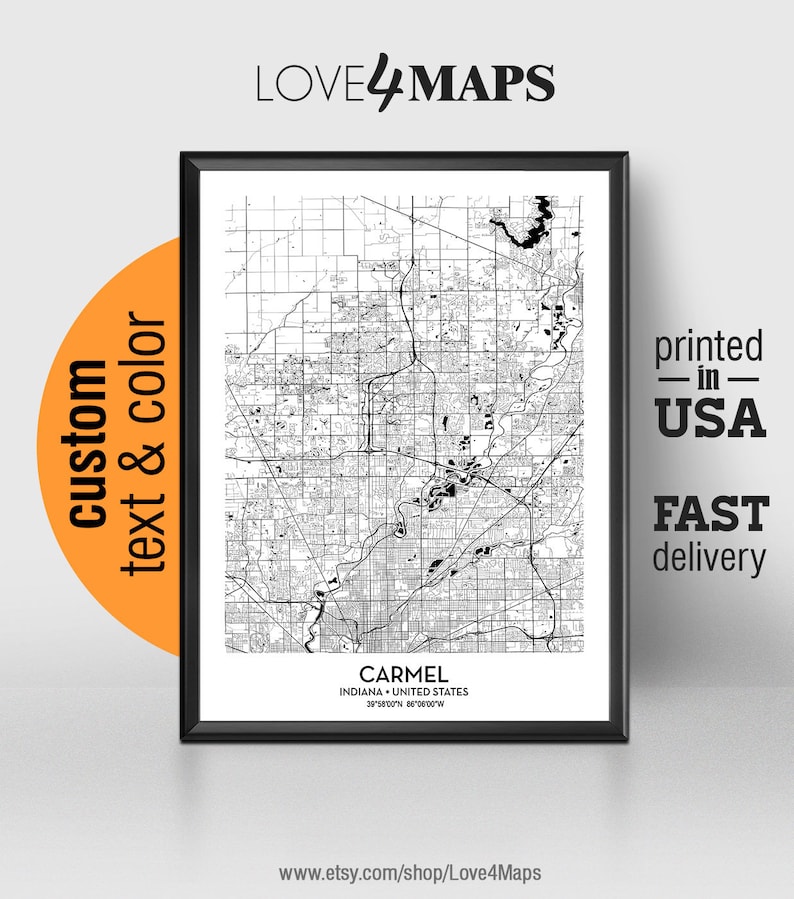 Carmel Indiana Map Carmel City Print Carmel Poster - Etsy