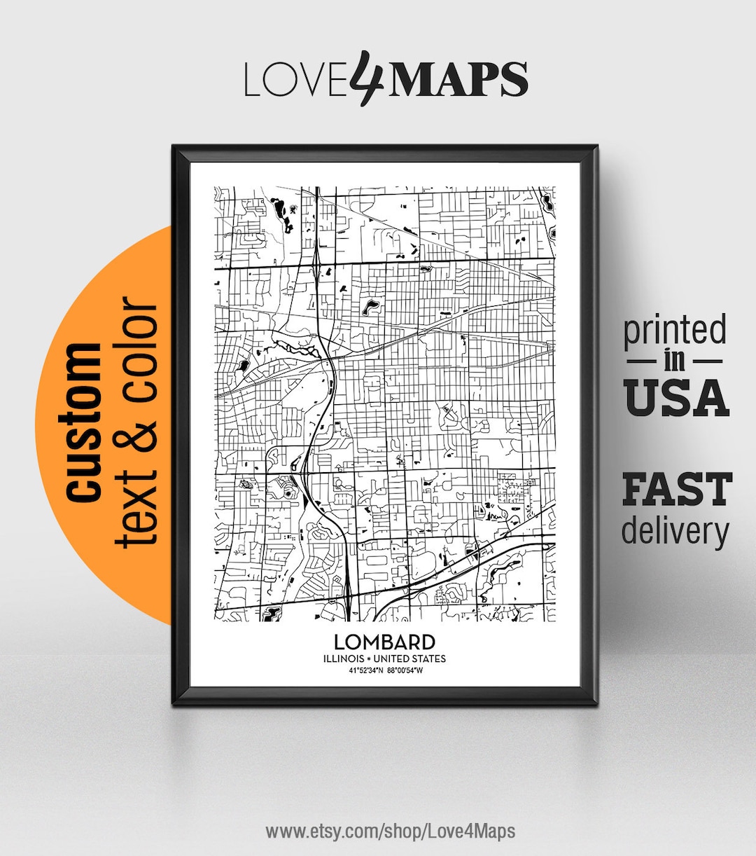 Lombard Illinois Map, Lombard City Print, Lombard Poster, Personalized ...