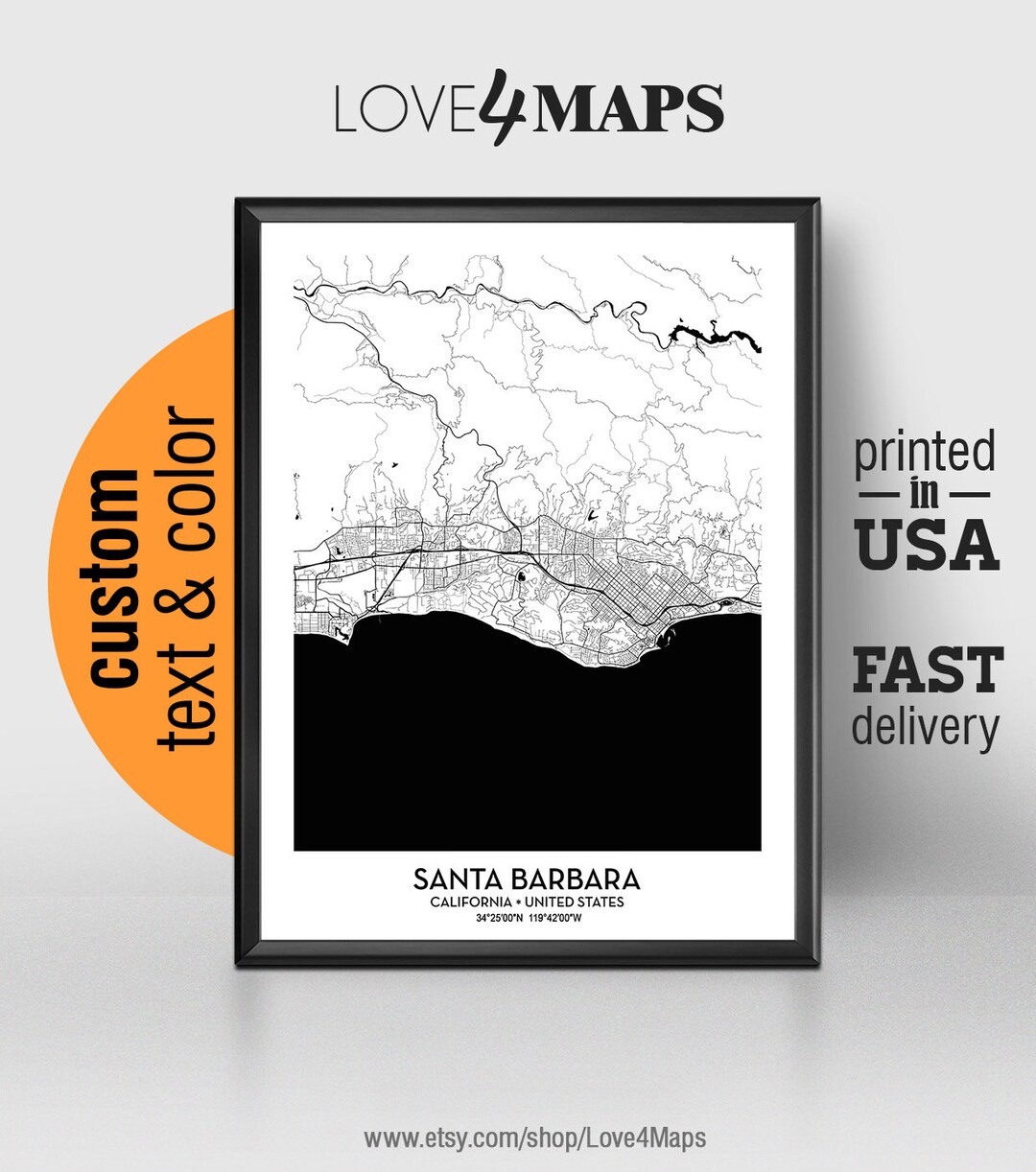 Santa Barbara California Map, Santa Barbara City Print, Santa Barbara ...