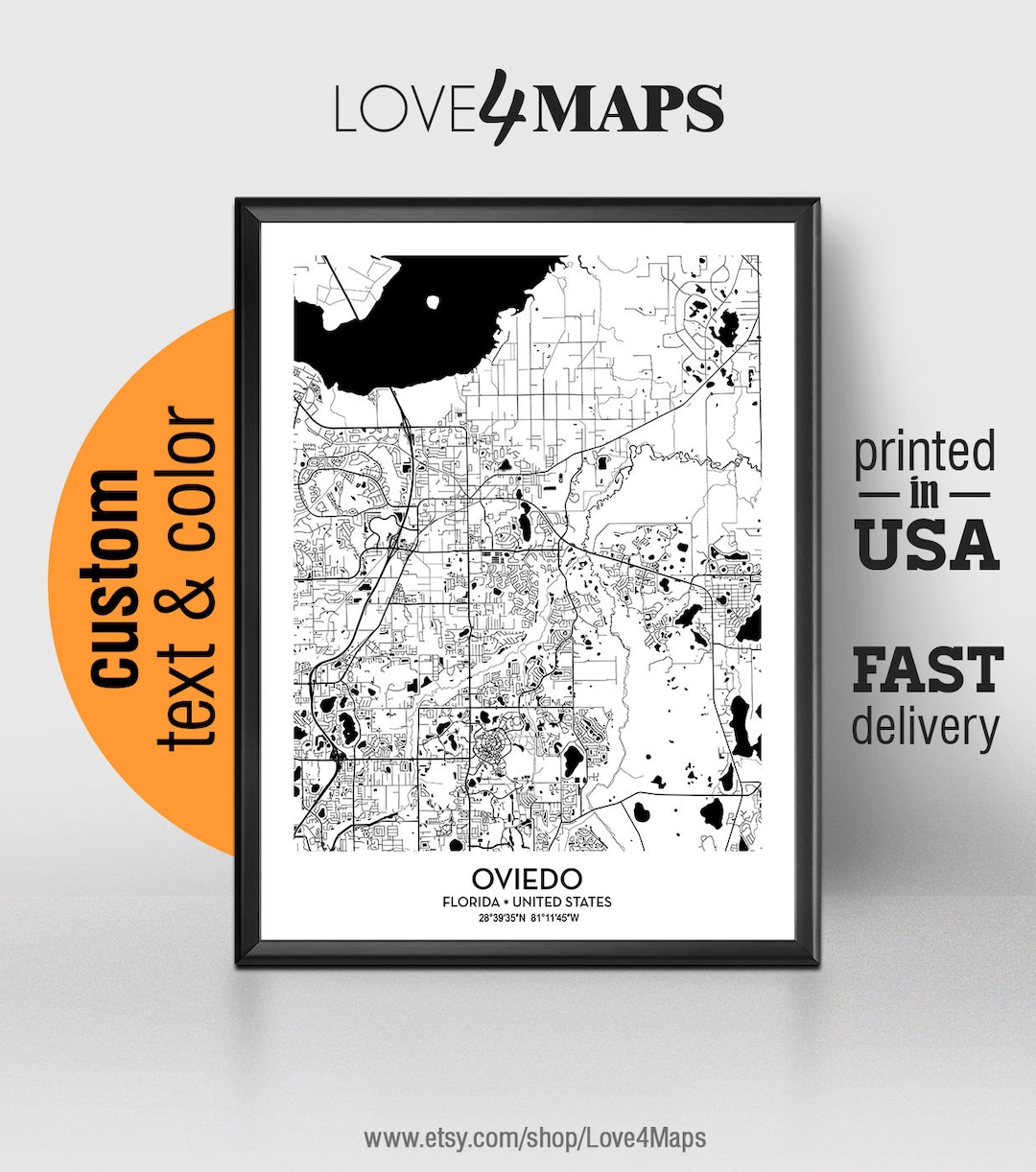Oviedo Florida Map, Oviedo City Print, Oviedo Poster, Personalized ...
