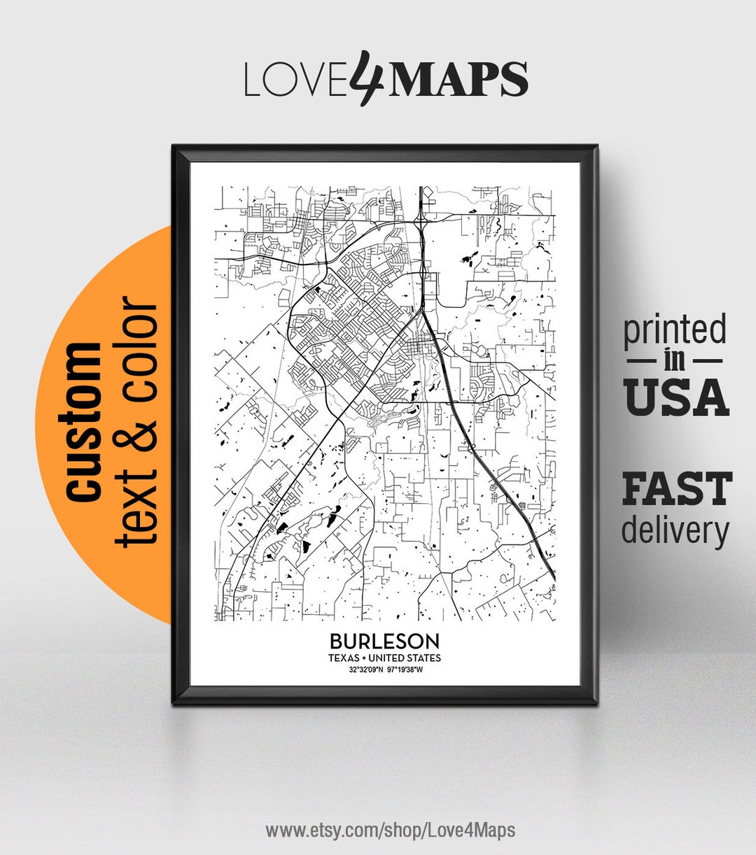 Burleson Texas Map, Burleson City Print, Burleson Poster, Personalized ...