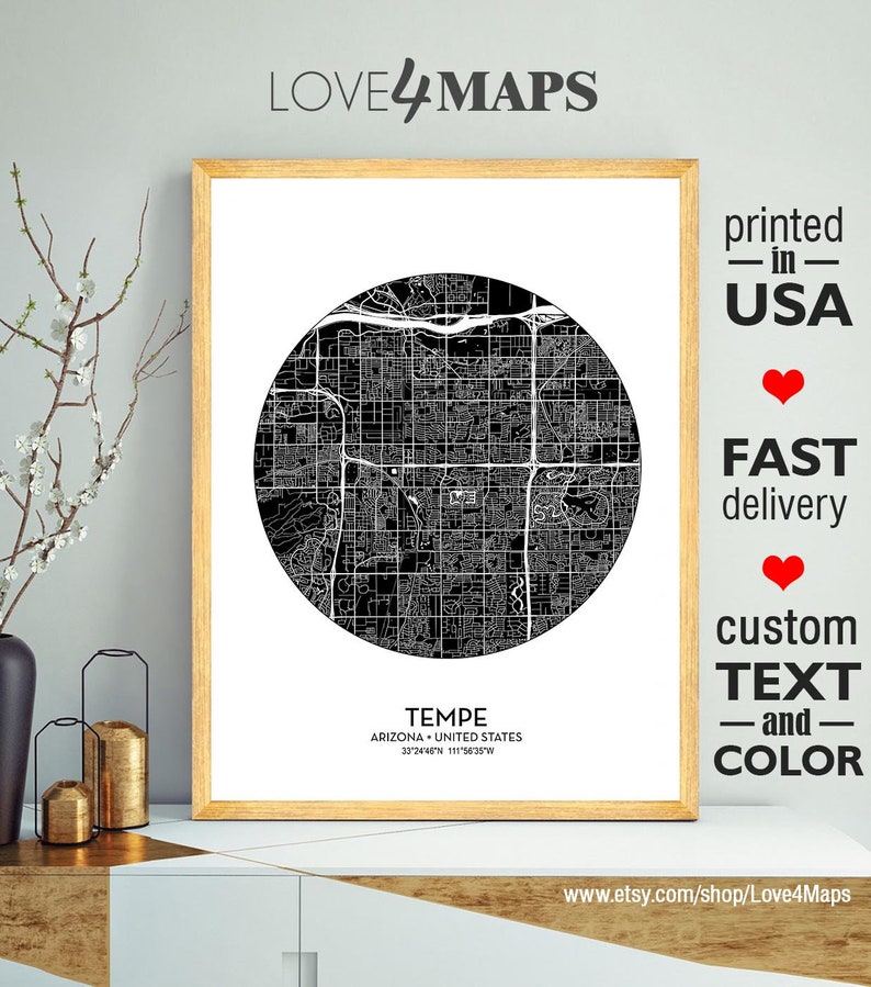 Tempe Map Print Poster Tempe City Arizona Print Personalized - Etsy
