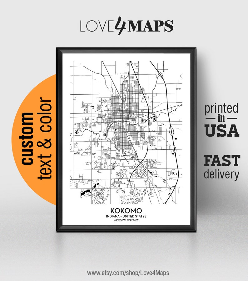 Kokomo Indiana Map Kokomo City Print Kokomo Poster - Etsy