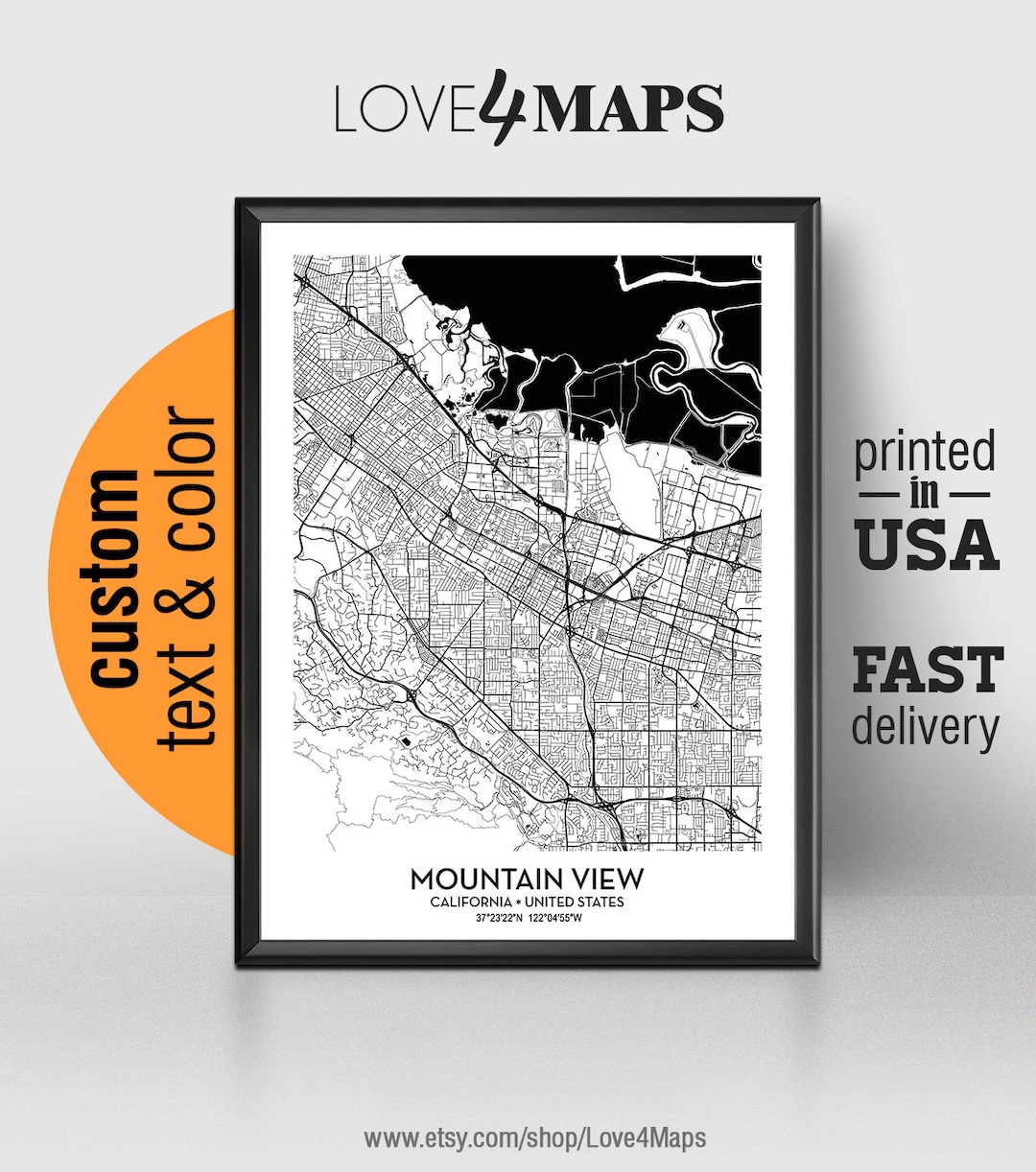 Mountain View California Map, Mountain View City Print, Mountain View ...