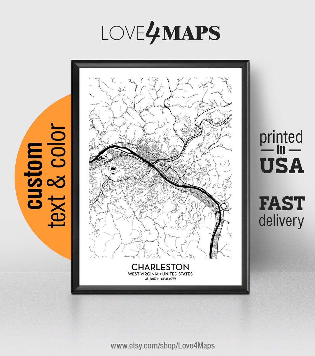 Charleston West Virginia Map, Charleston City Print, Charleston Poster ...