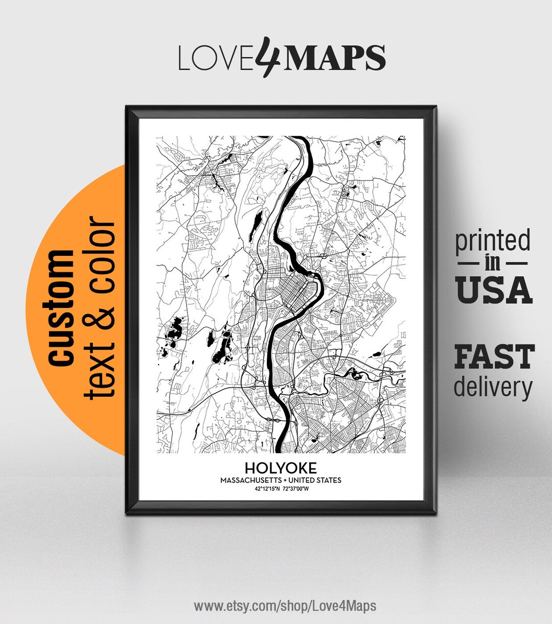 Holyoke Massachusetts Map, Holyoke City Print, Holyoke Poster ...