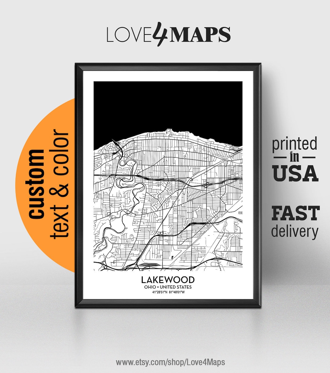 Lakewood Ohio Map, Lakewood City Print, Lakewood Poster, Personalized ...