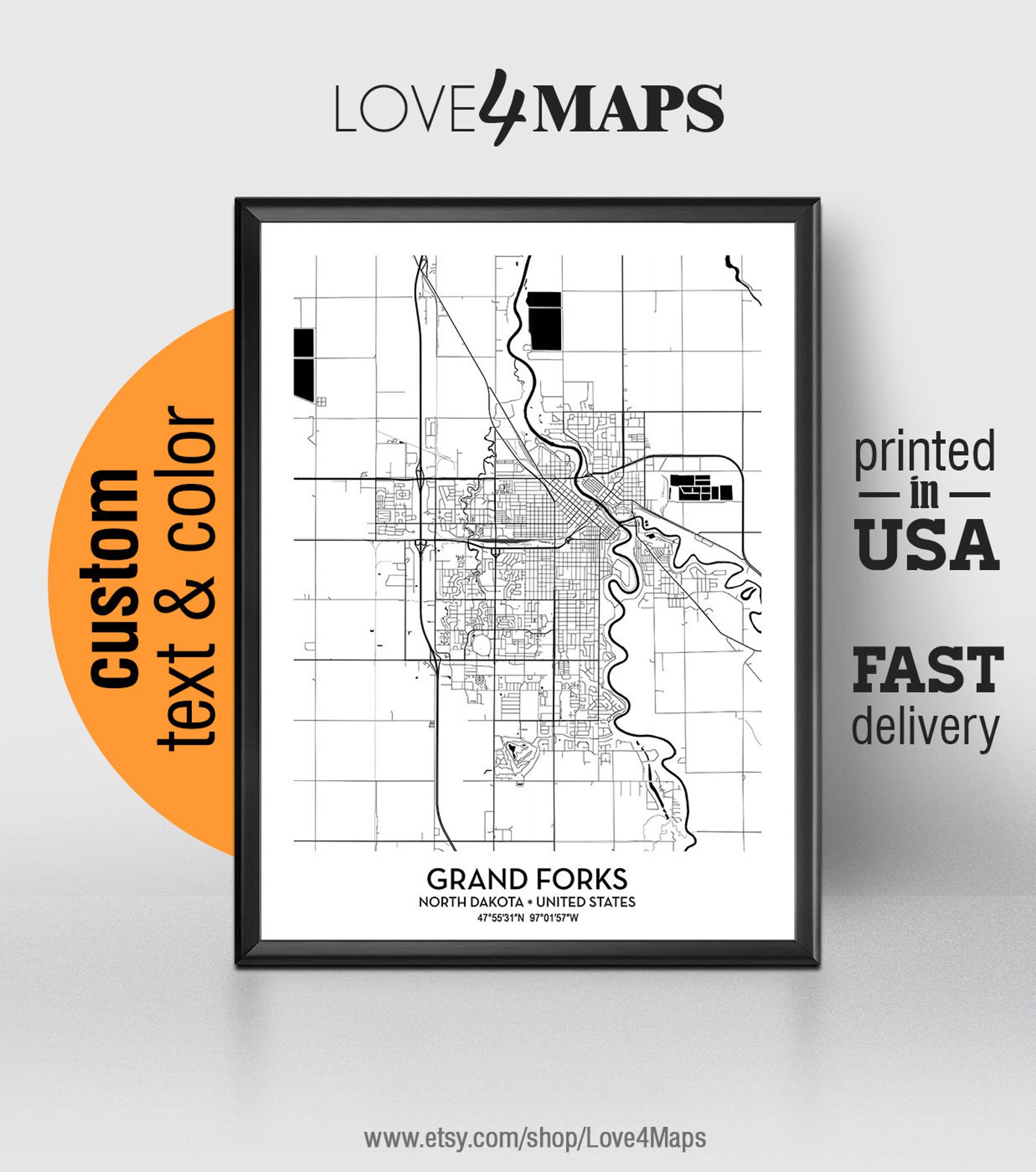 Grand Forks North Dakota Map Grand Forks City Print Grand | Etsy