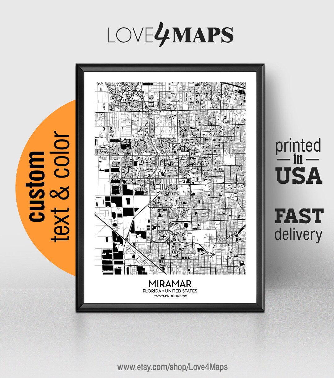Miramar Florida Map, Miramar City Print, Miramar Poster, Personalized ...
