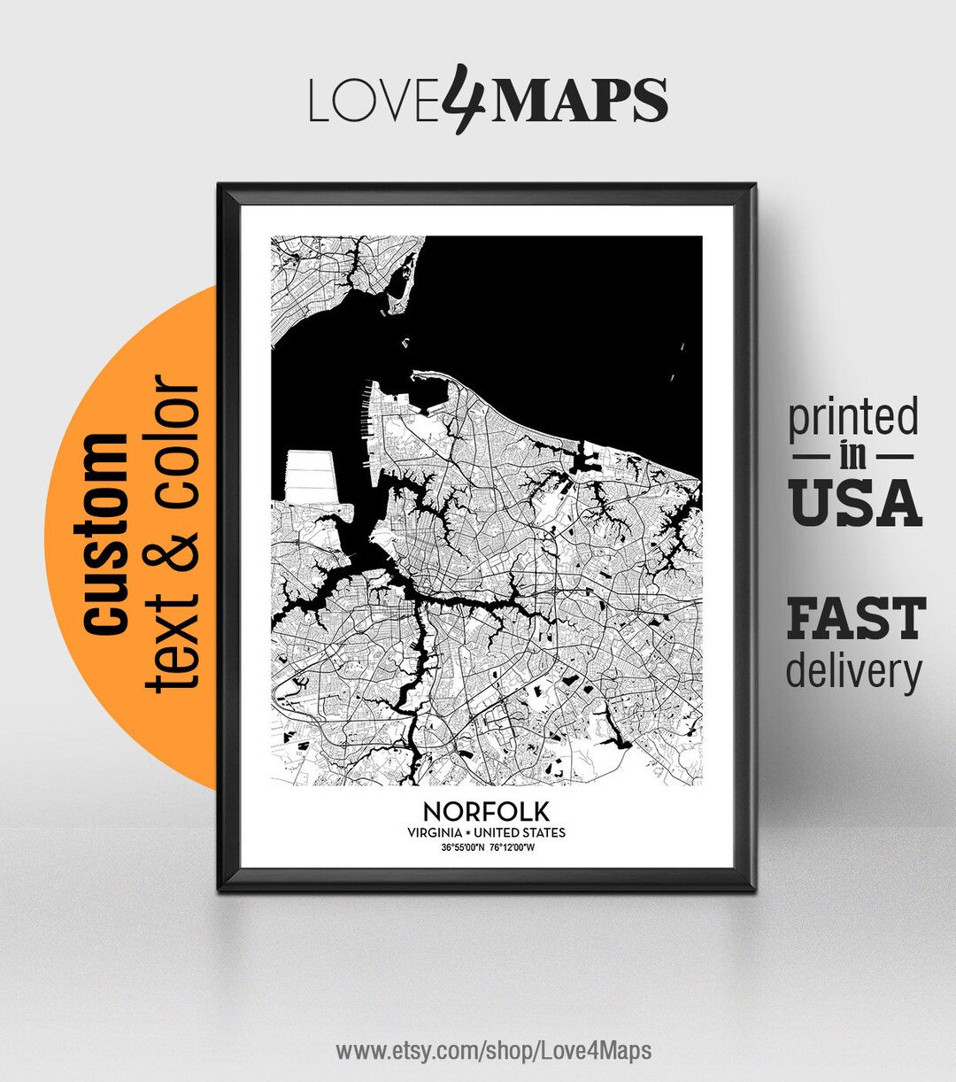 Norfolk Virginia Map, Norfolk City Print, Norfolk Poster, Personalized ...