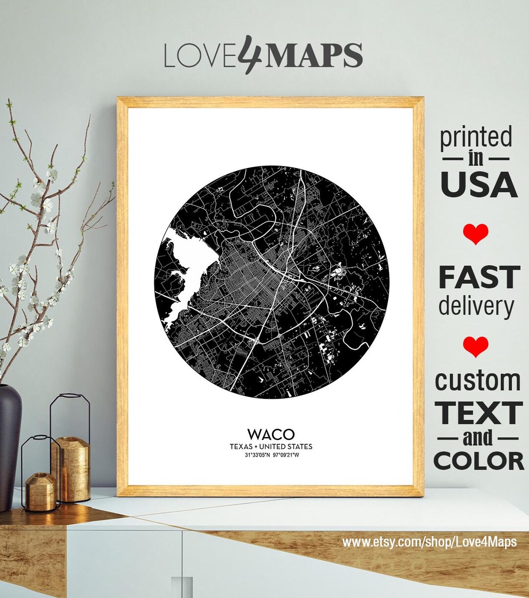 Waco Map Print Poster, Waco City Texas Print, Personalized Wedding Map ...