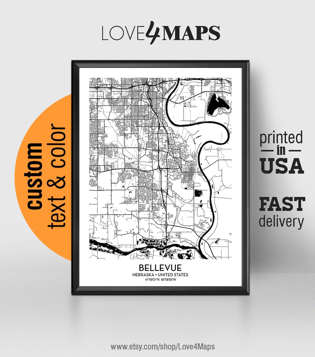 Bellevue Nebraska Map, Bellevue City Print, Bellevue Poster ...