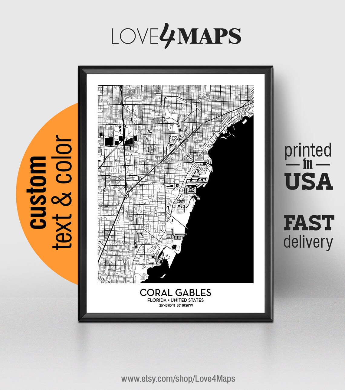 Coral Gables Florida Map Coral Gables City Print Coral - Etsy