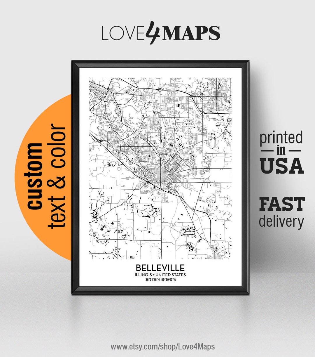Belleville Illinois Map, Belleville City Print, Belleville Poster ...