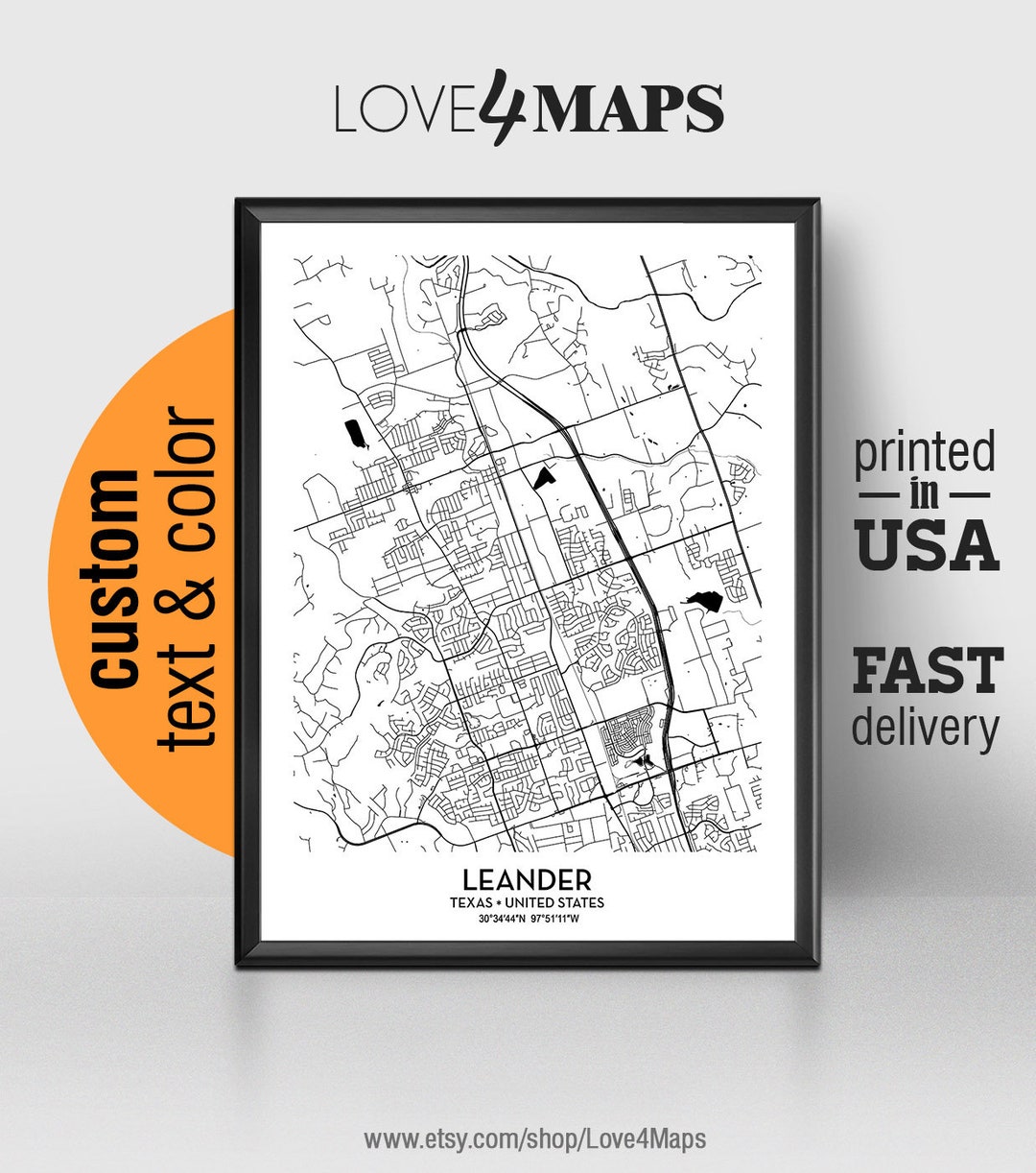Leander Texas Map, Leander City Print, Leander Poster, Personalized ...