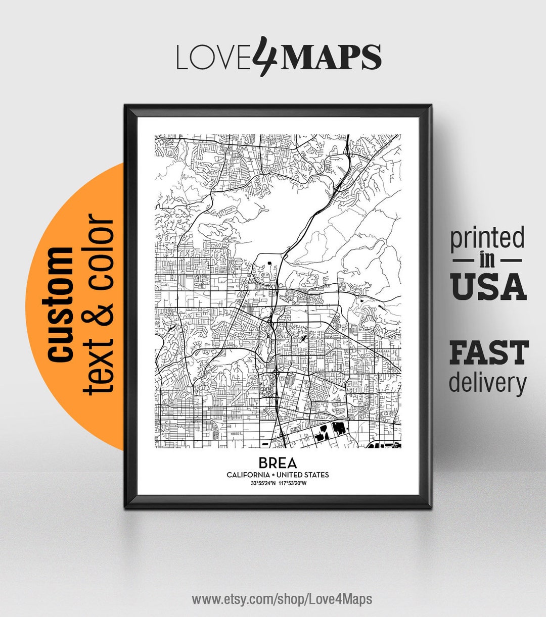 Brea California Map, Brea City Print, Brea Poster, Personalized Wedding ...
