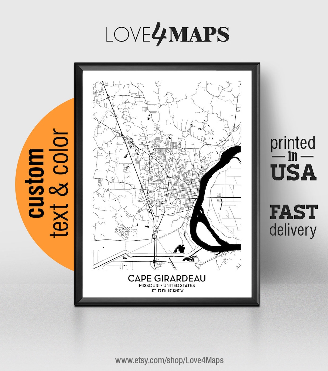 Cape Girardeau Missouri Map, Cape Girardeau City Print, Cape Girardeau ...