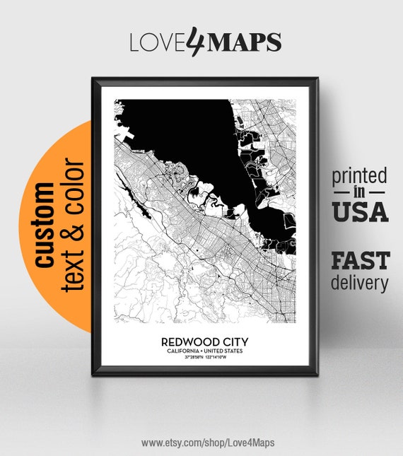 Redwood City California Map Redwood City Print Redwood City | Etsy