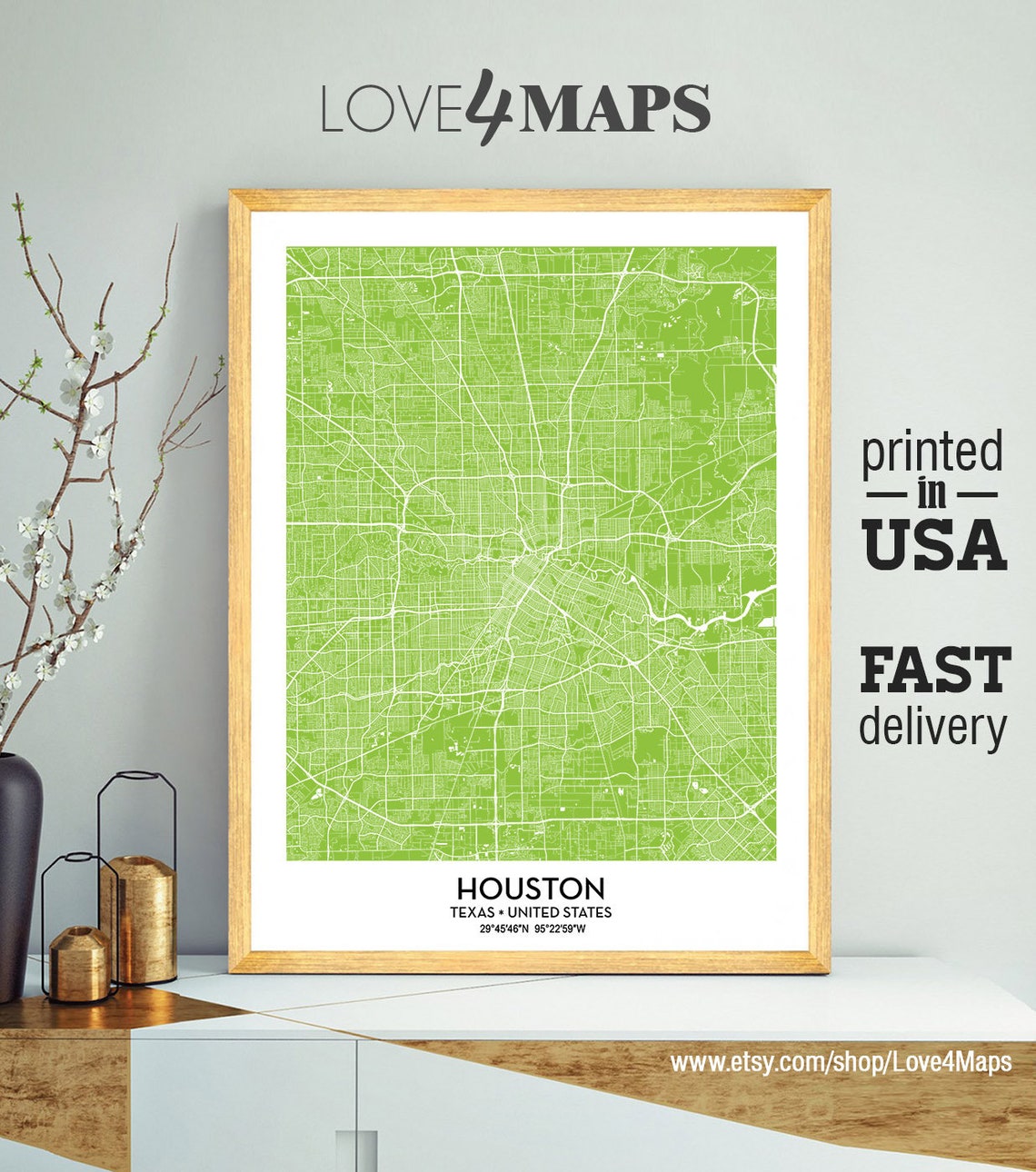 Houston Texas Map Custom Color Map City Print Houston Green - Etsy