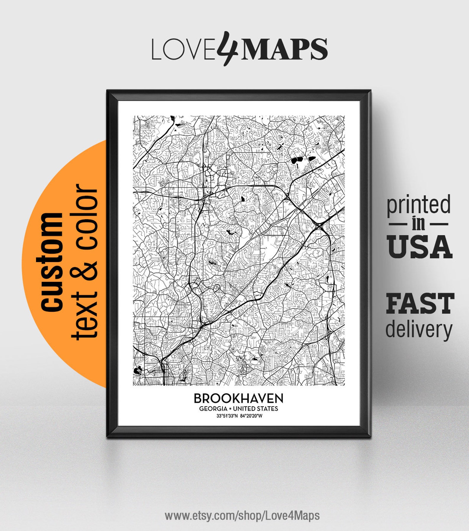 Brookhaven Georgia Map Brookhaven City Print Brookhaven - Etsy France