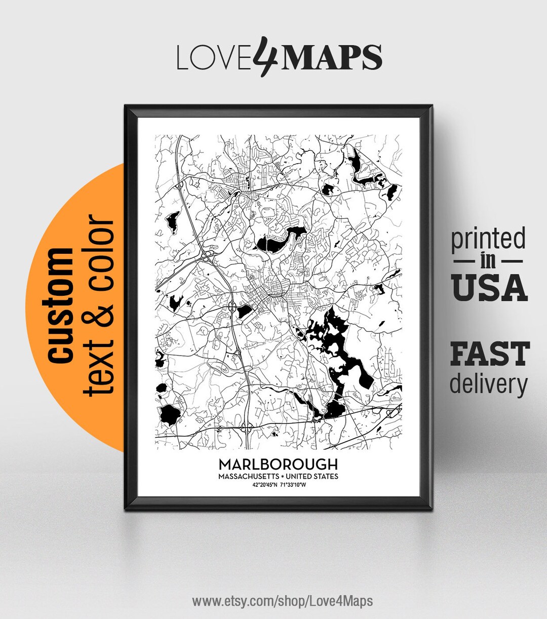 Marlborough Massachusetts Map, Marlborough City Print, Marlborough ...