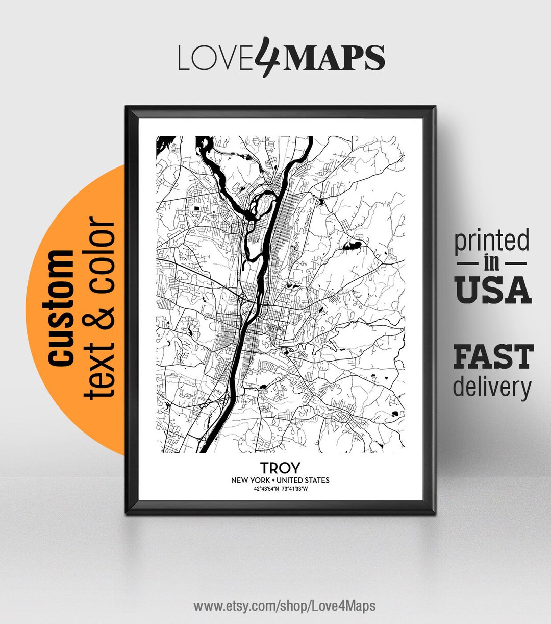 Troy New York Map, Troy City Print, Troy Poster, Personalized Wedding ...