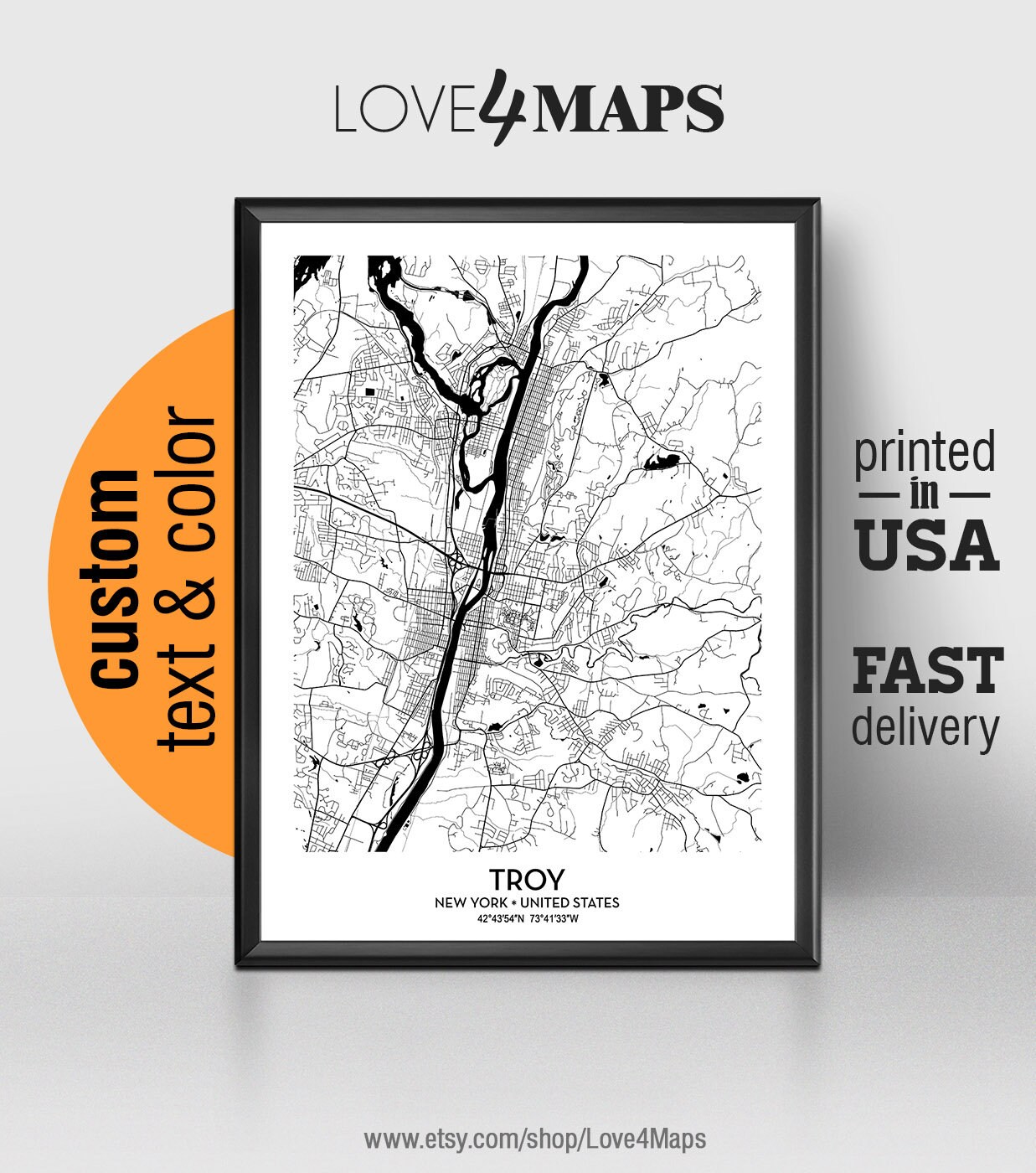 Troy New York Map Troy City Print Troy Poster Personalized - Etsy