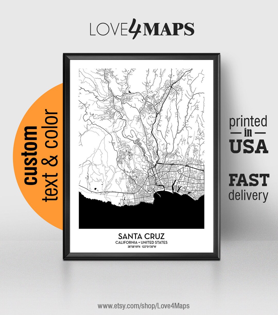 Santa Cruz California Map, Santa Cruz City Print, Santa Cruz Poster ...
