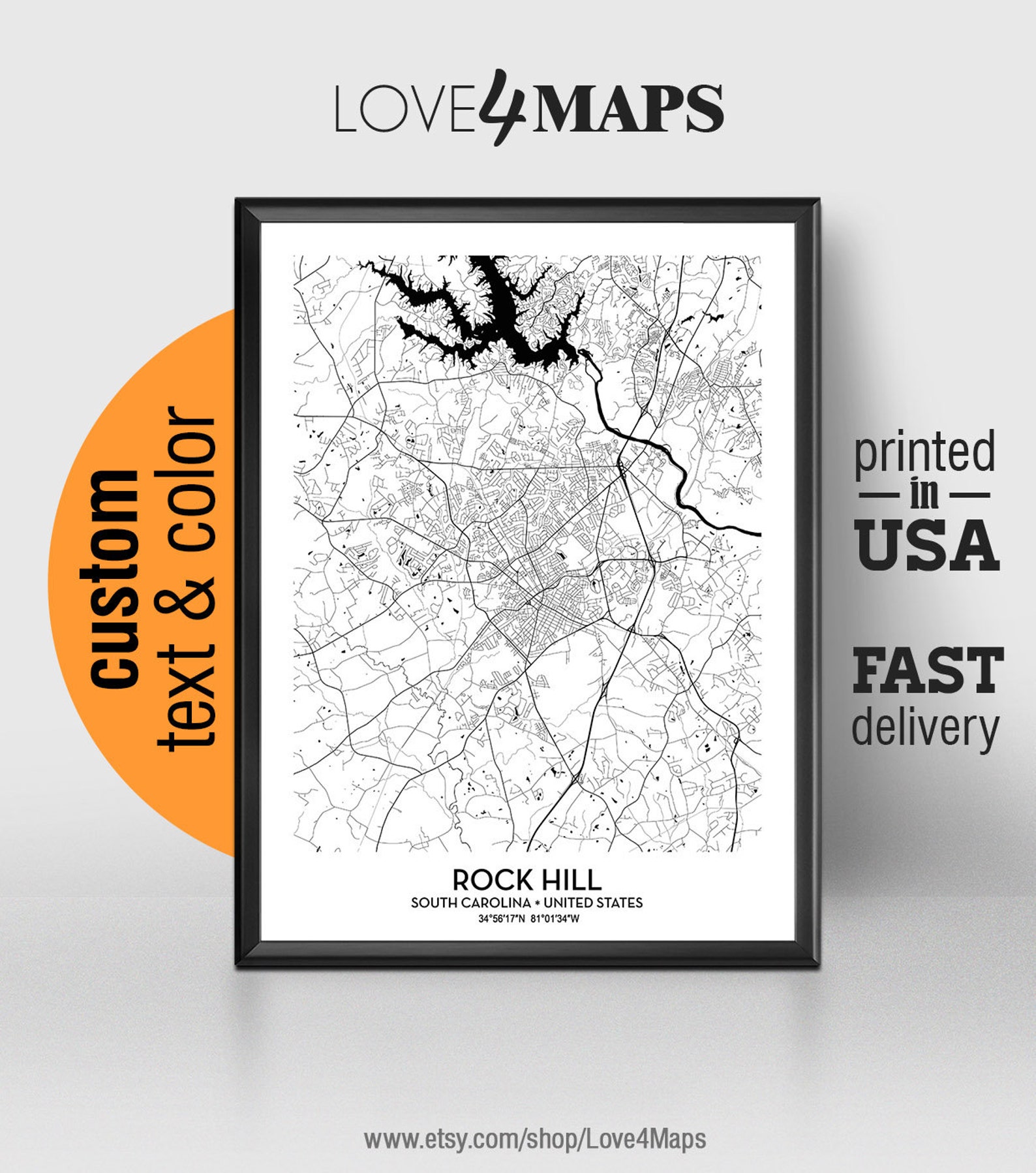 Rock Hill South Carolina Map Rock Hill City Print Winthrop - Etsy