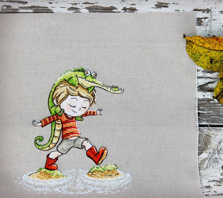 Boy With Crocodile Cross Stitch Pattern Boy in Red Boots Cross - Etsy