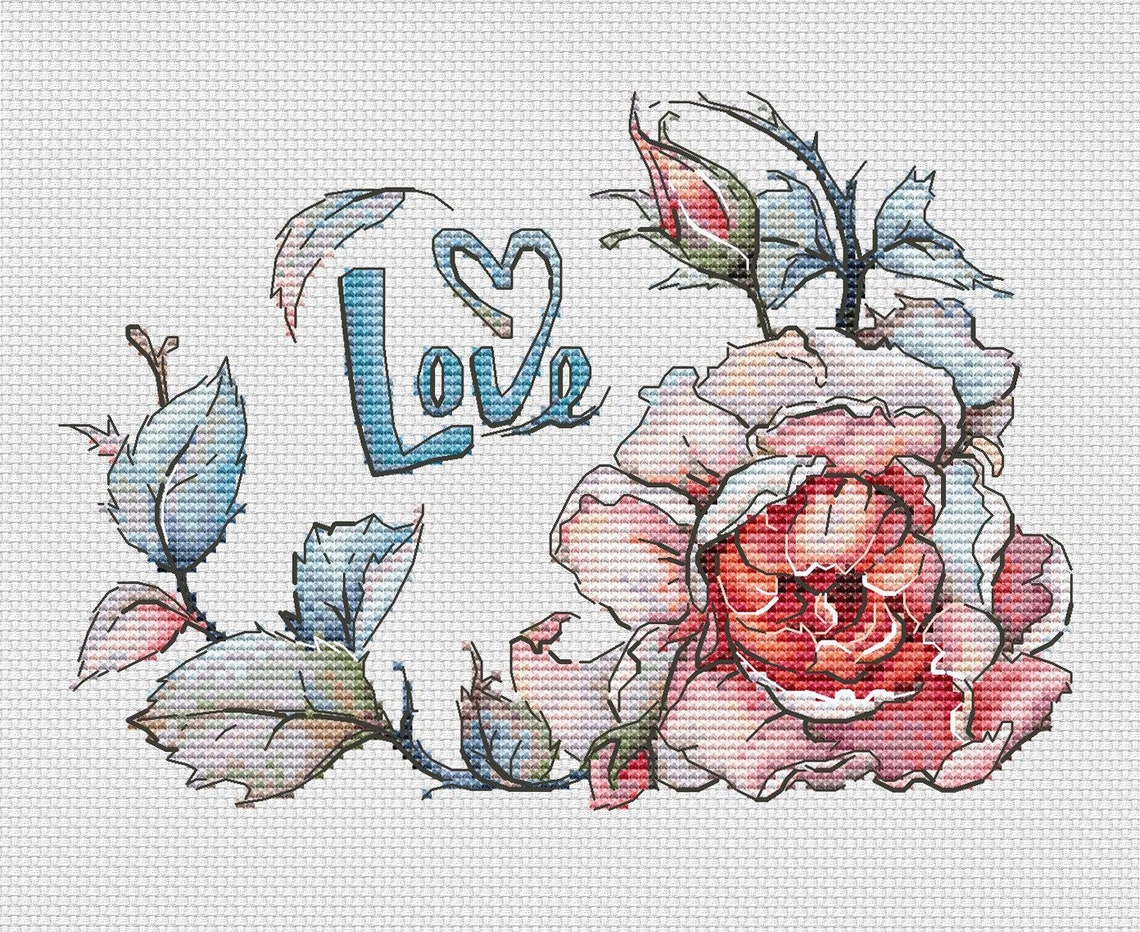 Love and Rose Cross Stitch Pattern Pink Rose Cross Stitch - Etsy