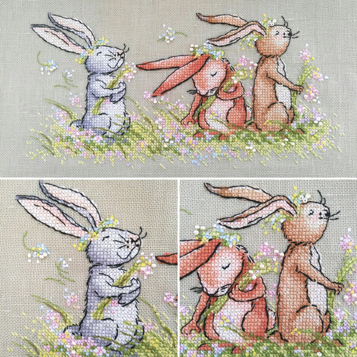 Three Bunnies Cross Stitch Pattern Bunnies With Flowers Cross - Etsy