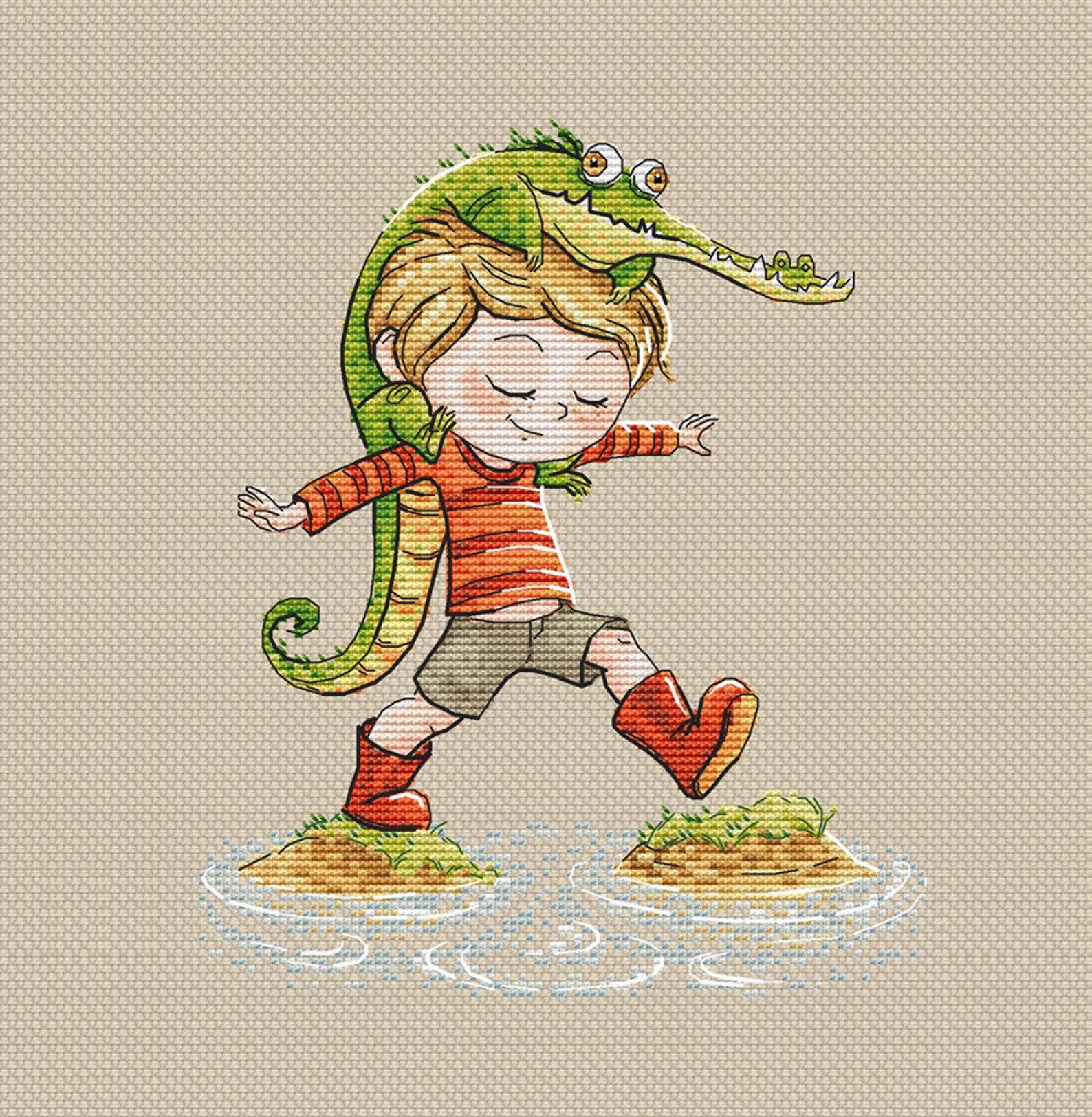 Boy With Crocodile Cross Stitch Pattern Boy in Red Boots Cross - Etsy