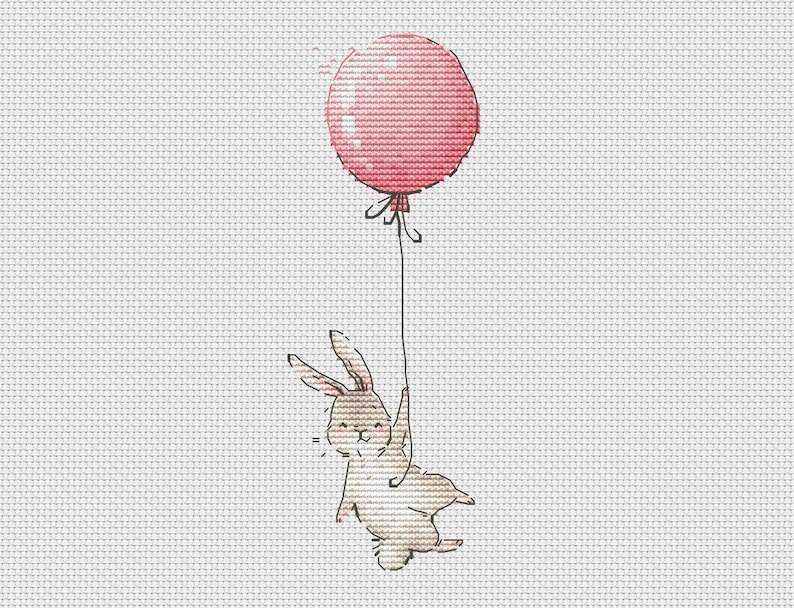 Rabbit with pink balloon cross stitch pattern baby bunny with | Etsy