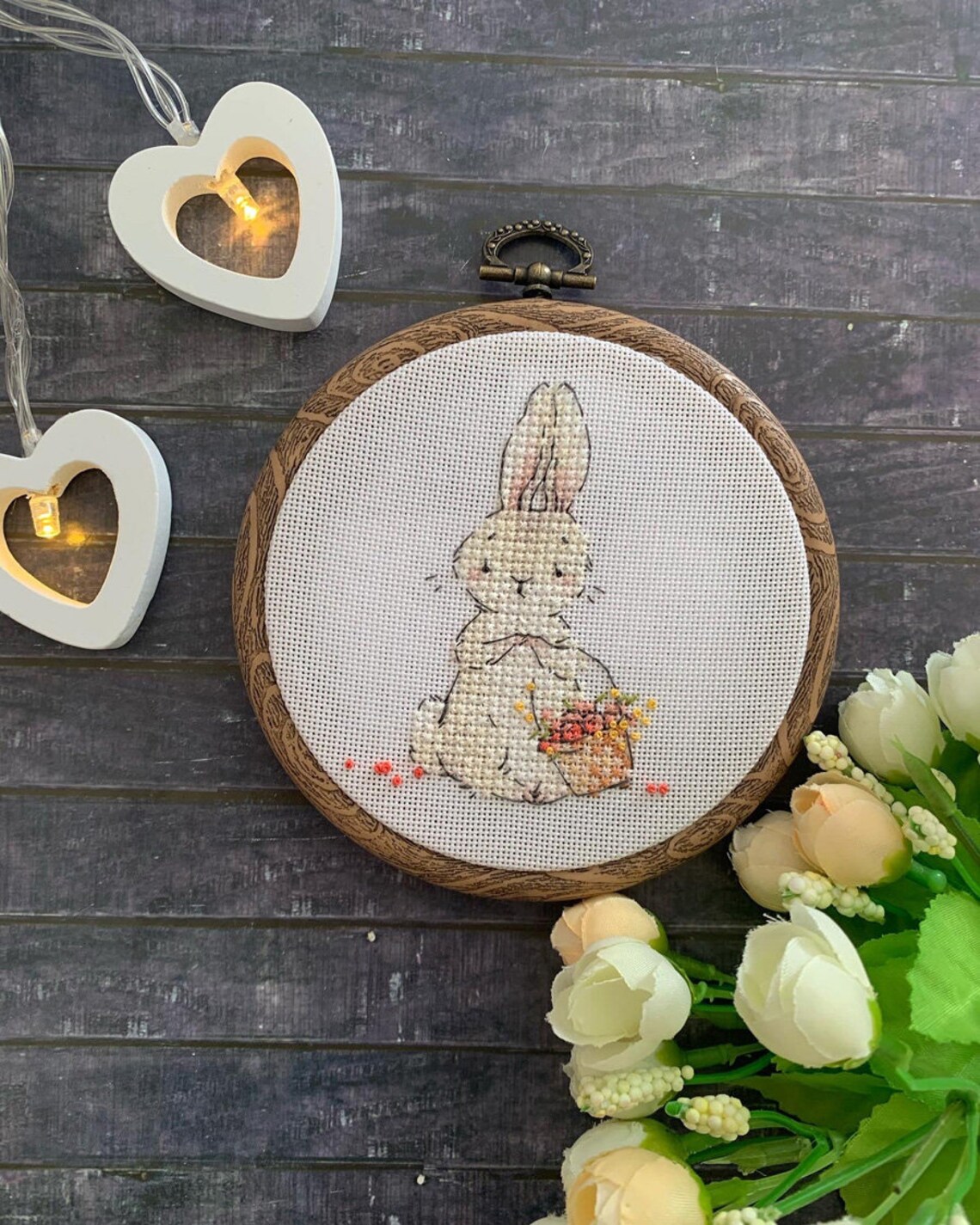 Spring bunny with flowers cross stitch pattern bunny girl with | Etsy