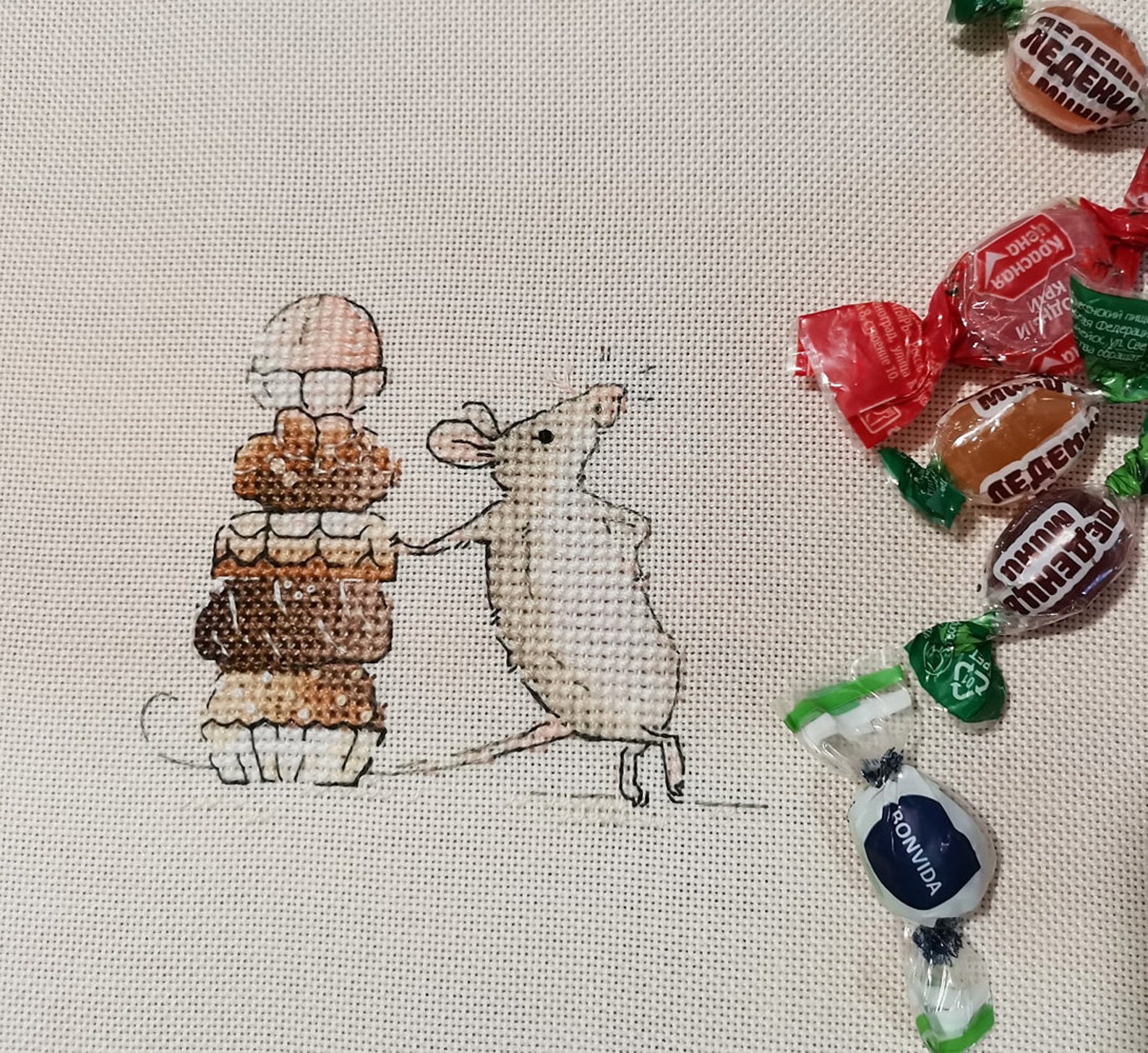 Mouse With Sweets Cross Stitch Pattern Happy Mouse Cross Stitch Kitchen ...