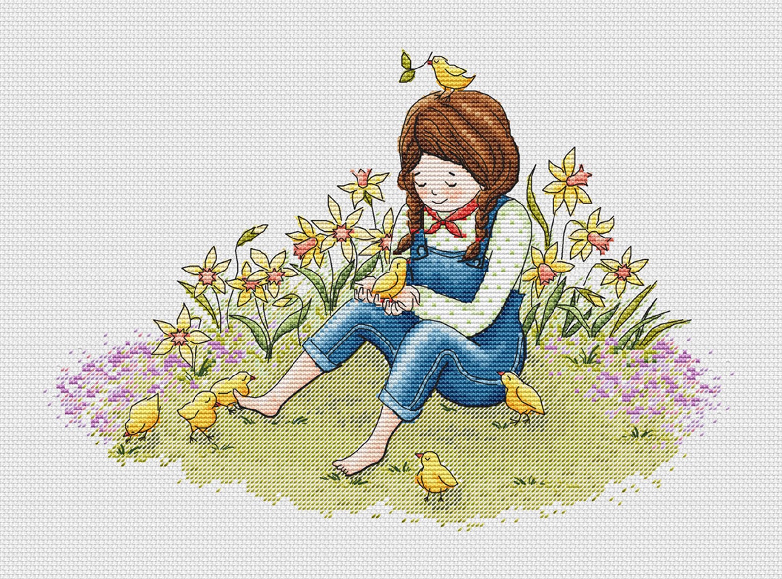 Girl With Chicks Cross Stitch Pattern Yellow Daffodils Cross - Etsy