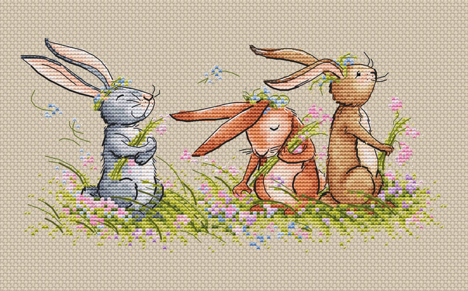 Three Bunnies Cross Stitch Pattern Bunnies With Flowers Cross | Etsy
