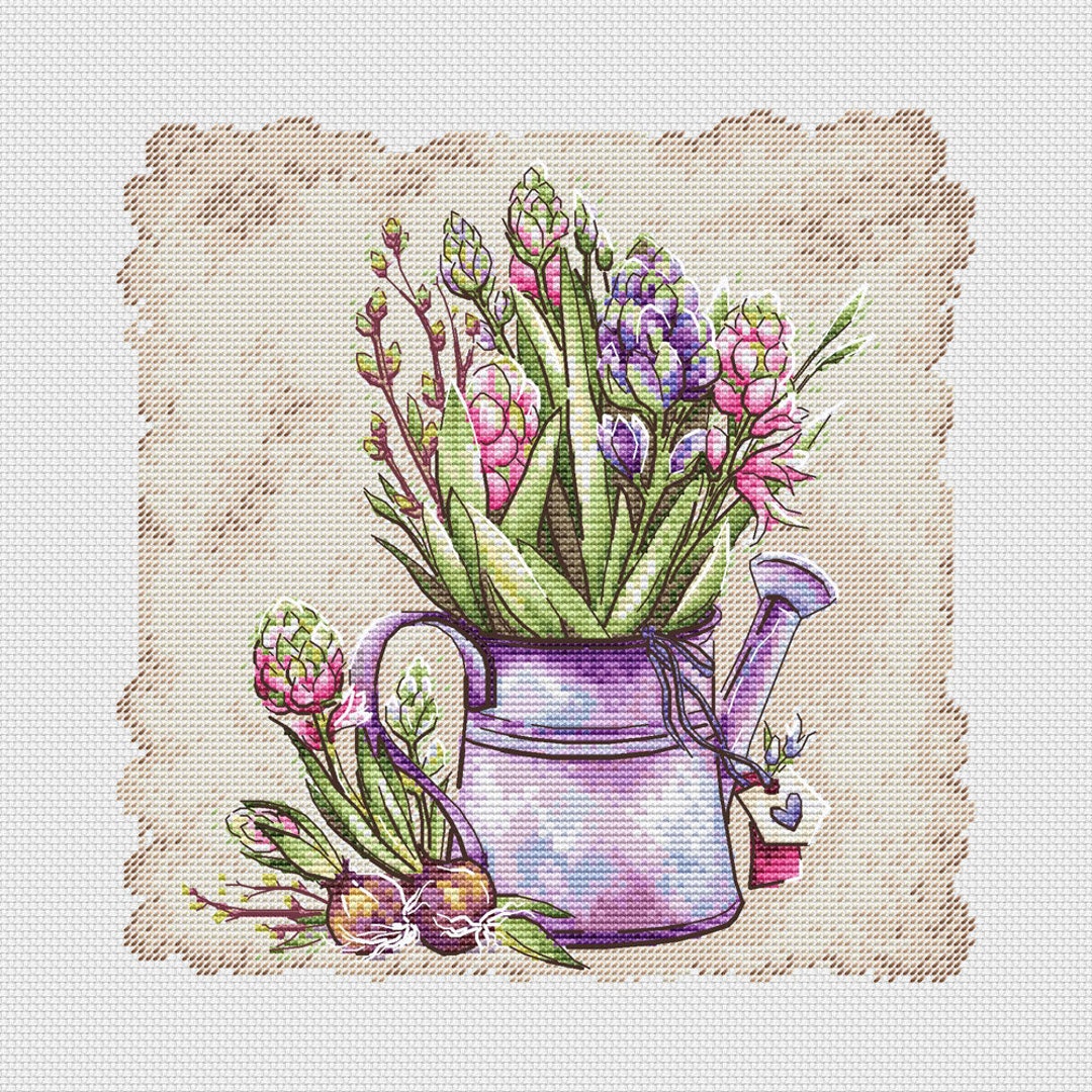 Spring Flowers Cross Stitch Pattern Watering Can Cross Stitch Garden ...