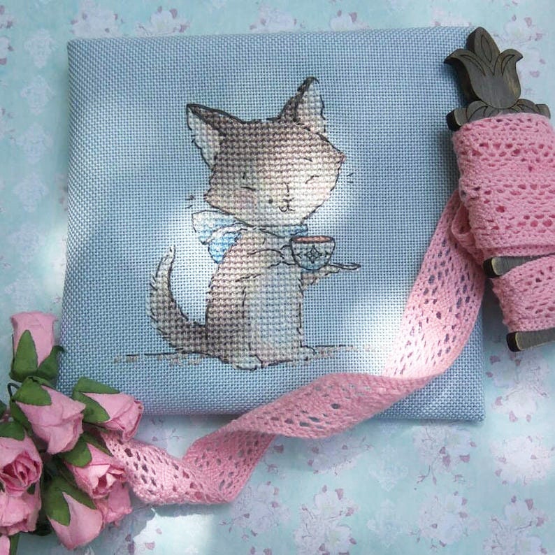 Cute Kitten cross stitch pattern gray cat with cup of tea | Etsy